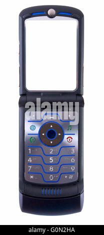 Silver clamshell cell phone isolated on white background, with clipping path Stock Photo - Alamy