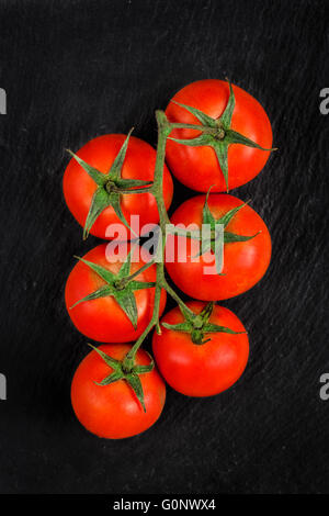 Black tomato on a branch in the garden. Green leaves. Delicious and ...