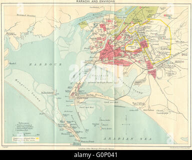 Karachi city plan and environs. Pakistan. BARTHOLOMEW 1898 old antique ...