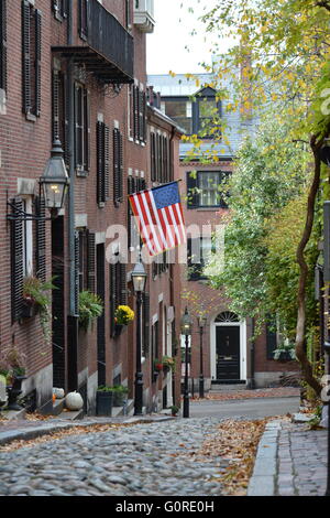 The iconic Acorn Street atop Beacon Hill in downtown Boston on an ...