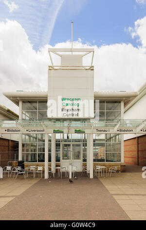 Wrexham Central Railway Station in Wales sign against a grey sky ...