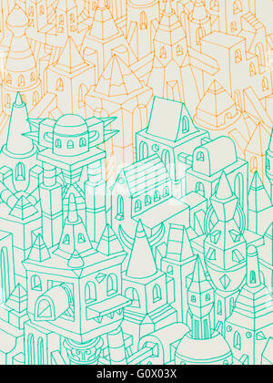 two colours sketches of cramped buildings/houses, drawing of geometric ...