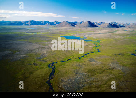 Aerial view of remote river between Provideniya & Egvekinot; Siberia ...