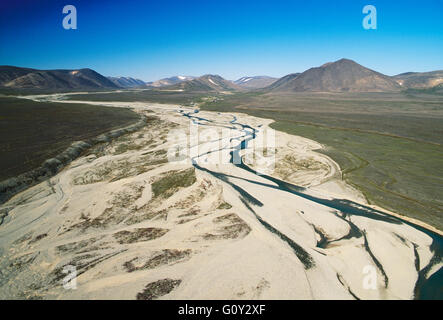 Aerial view of remote river between Provideniya & Egvekinot; Siberia ...