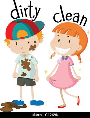 Opposite adjectives words with dirty and clean illustration Stock ...