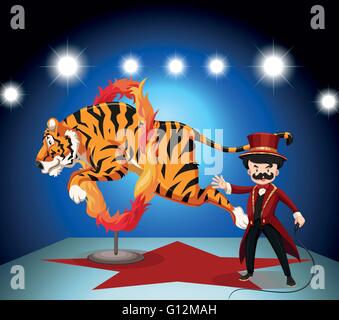 Cartoon tiger jumping through ring with circus tent background Stock ...