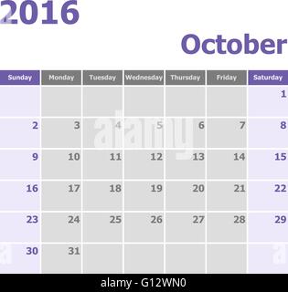 Calendar October 2016, week starts from Sunday, stock vector Stock ...