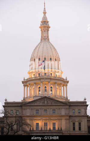 Lansing State Capital Building at Night with the dome lit and a blue ...