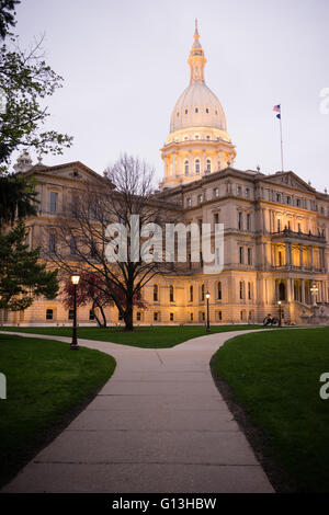Lansing State Capital Building at Night with the dome lit and a blue ...