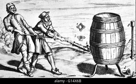 Von Guericke's first air pump being used to remove the air from a ...