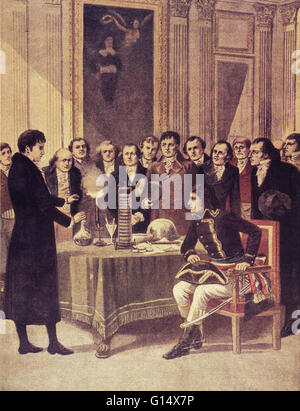 Alessandro Volta demonstrates to Napoleon I his 'voltaic pile' - a ...