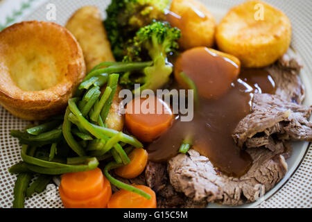 Traditional Roast Beef Family Sunday Lunch Served on a Plate Stock ...