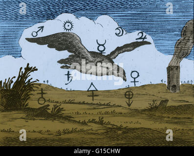 An illustration from an alchemical treatise from 1674. Alchemy was the ...