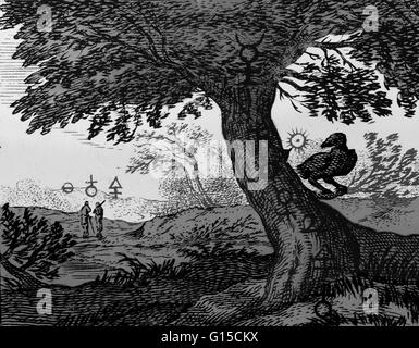 An illustration from an alchemical treatise from 1674. Alchemy was the ...