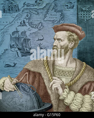Jacques Cartier (1491-1557) French explorer on his first voyage making ...