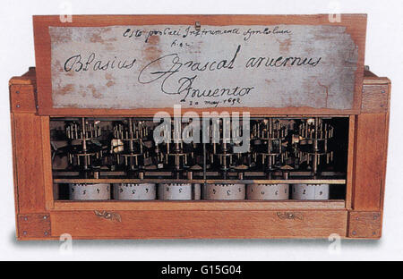 Pascaline; a mechanical calculator invented by Blaise Pascal in 1642 ...