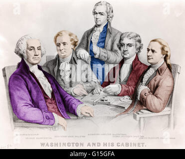 A drawing of President George Washington and his cabinet. From left ...