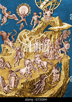 Icarus and Daedalus, characters from the Greek mythology, woodcut Stock ...