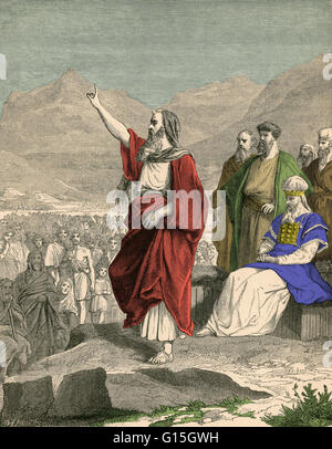 Moses, Hebrew prophet and lawgiver, with the Ten Commandments. Date: 14 ...