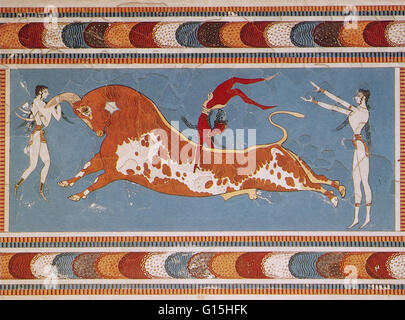 The Bull-leaping fresco from the Minoan Palace of Knossos, in the Stock ...