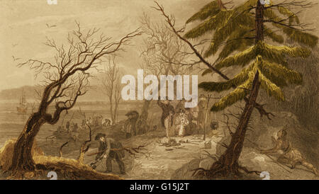 Landing of the Mayflower pilgrims at Plymouth Rock, Cape Cod Stock ...