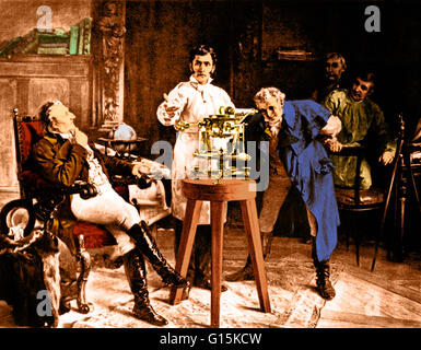 Fraunhofer demonstrating his 1814 invention, the spectroscope, a device ...