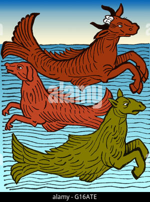 Woodcut of three mythical sea creatures (a sea cow, sea dog, and sea ...