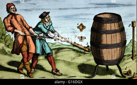 Von Guericke's first air pump being used to remove the air from a ...