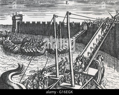 Roman soldiers scaling the walls of a fortress using ladders mounted ...