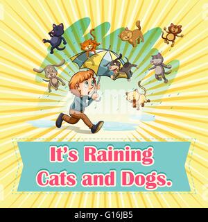 It's raining cats and dogs, funny expression illustration. Cute cartoon ...