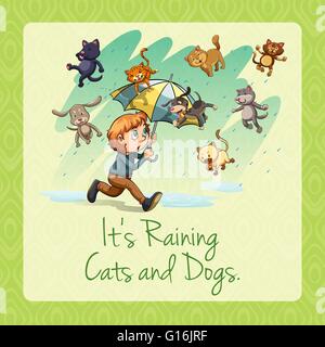 Idiom expression for it's raining cats and dogs illustration Stock ...