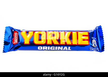 Yorkie chocolate bar on white background with open bar by the side ...