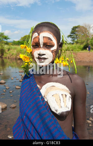 Young Surma woman, in front of Surma village, Surma tribe, Kibish, Om ...