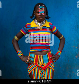 Portrait of a woman of the Bana tribe in traditional dress of the Omo ...