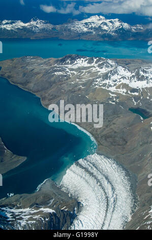 SOUTH GEORGIA ISLAND, Antarctica, Aerial of Helland Glacier below Mt ...