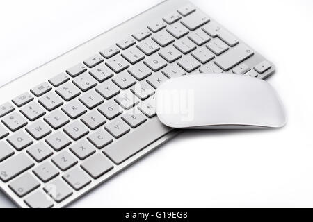 Workplace. Computer, keyboard and mouse on wooden table, close up Stock ...
