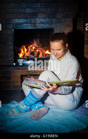 Beautiful girl reading New Year and Christmas congratulation Stock ...