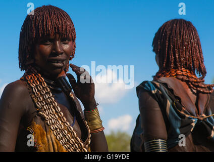 Hamer tribe women attending a bull jumping ceremony, Omo valley, Turmi ...