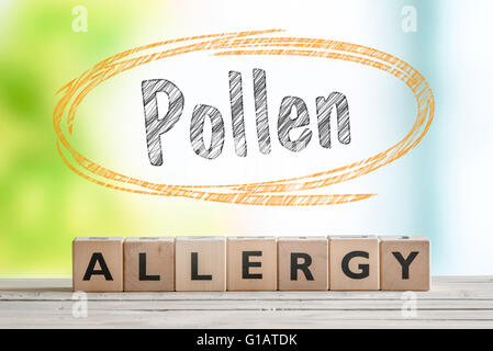 Pollen allergy headline with a wooden sign on a nature background Stock ...