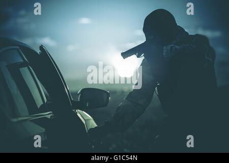 Counter Terrorism Check Point. Hunt For Terrorists. SWAT member in a ...