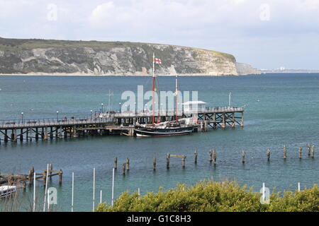 Peveril Point Swanage bay with Ballard down headland in the far ...