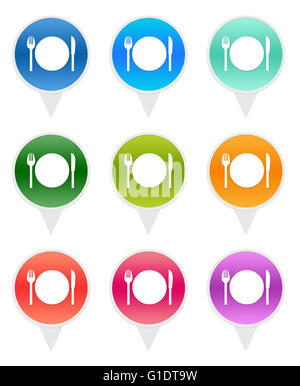 Set of rounded colorful icons with restaurant symbol in blue, green ...