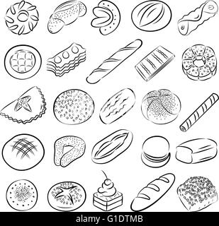 Line art set of bakery products including various types of bread and ...