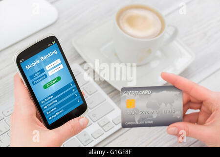 Woman touching a banking security concept on a touch screen with her ...