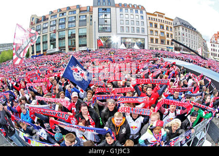 Leipzig, Germany. 16th May, 2016. Fans of RB Leipzig celebrating their ...