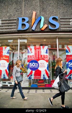 Wood Green, London, Britain, 17 May 2016. Shoppers pass BHS (British ...
