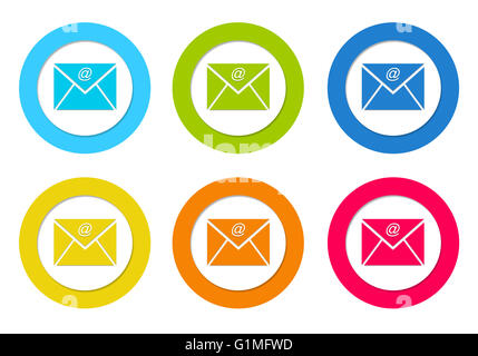 Set of rounded colorful icons with email symbol in blue, green, yellow ...