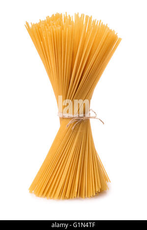 A vertical bunch and a bunch of raw spaghetti tied with string. Bundle ...