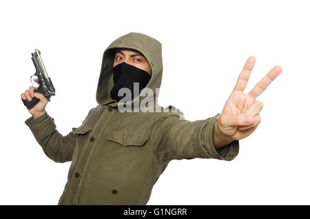 A criminal gang member gangster robber or mugger pointing a colt 45 ...
