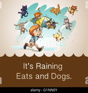 Idiom expression for it's raining cats and dogs illustration Stock ...